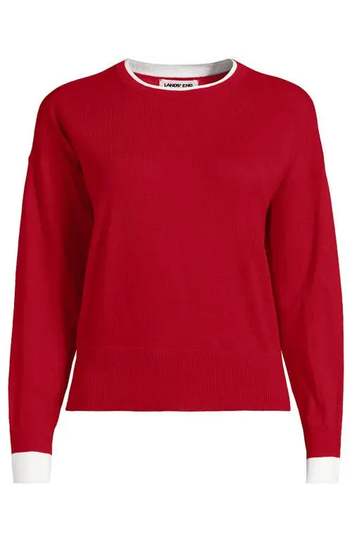 LANDS' END Double Trim Crew Neck Sweater - Compass Red/white