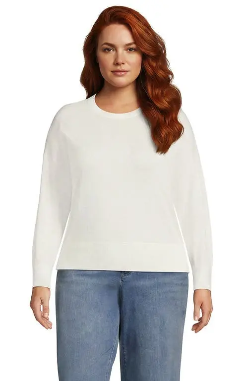 LANDS' END Double Trim Crew Neck Sweater - Fresh Ivory
