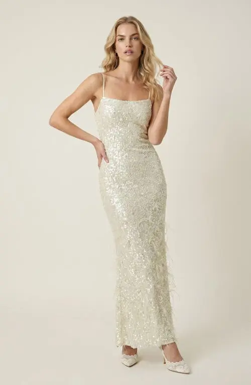MODENAIRE Sequin Mermaid Maxi Dress With Feather Trim