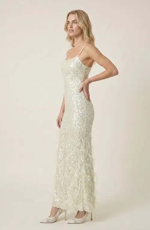MODENAIRE Sequin Mermaid Maxi Dress With Feather Trim