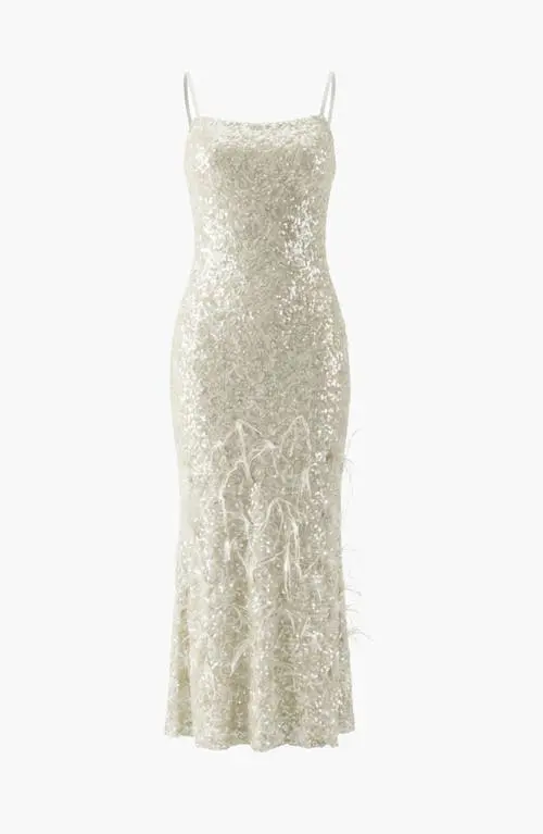 MODENAIRE Sequin Mermaid Maxi Dress With Feather Trim