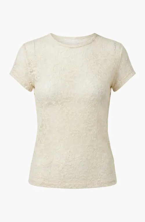 MODENAIRE Sheer Lace Fitted Floral Mesh Overlay Tee - Beige