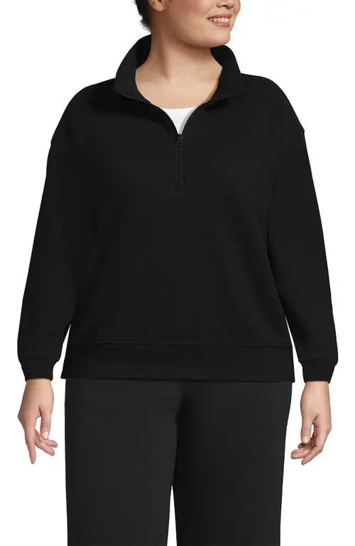 LANDS' END Serious Sweats Relaxed Quarter Zip Pullover - Black