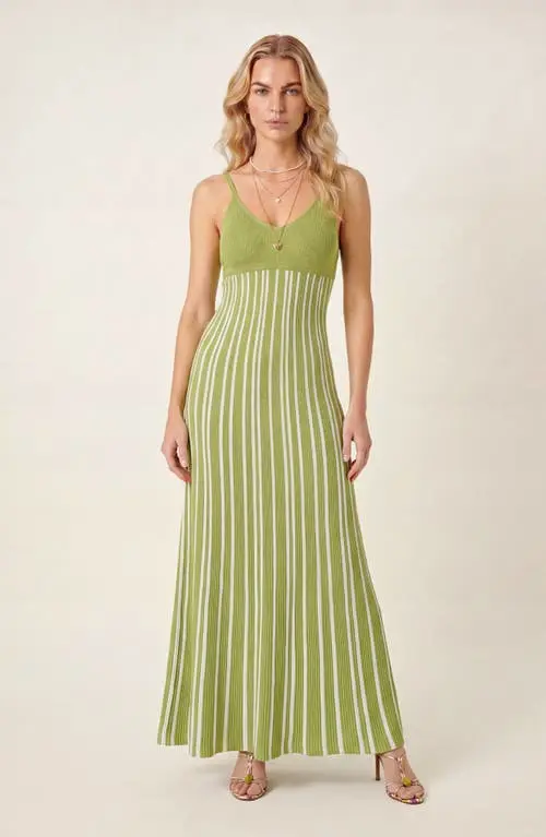MODENAIRE Sleeveless Knitted Striped Maxi Dress With Spaghetti Straps - Green