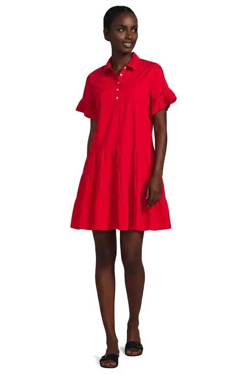 LANDS' END Poplin Flutter Sleeve Knee Length Tiered Dress - Compass Red