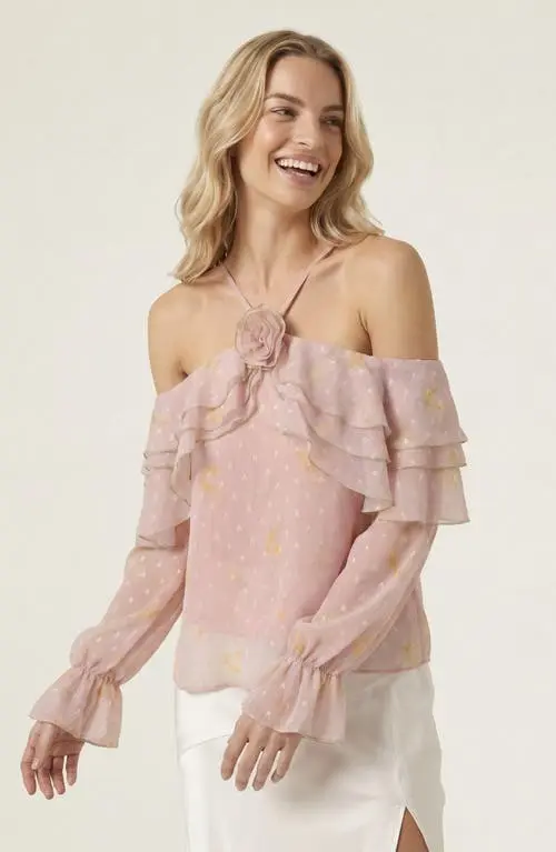 MODENAIRE Sheer Cold-shoulder Floral Applique Ruffle Trim Blouse