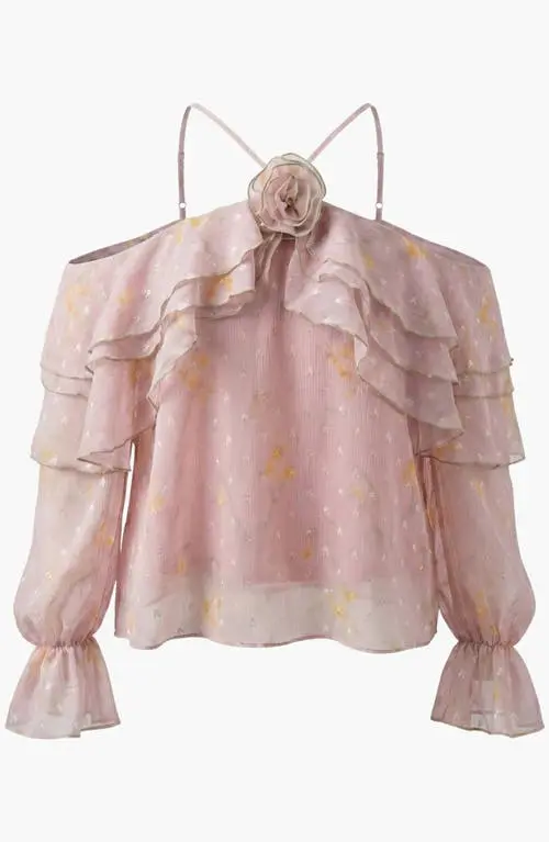MODENAIRE Sheer Cold-shoulder Floral Applique Ruffle Trim Blouse