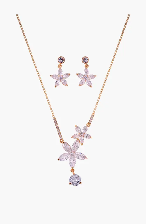 MODENAIRE Flower Crystal Necklace And Earrings Set - Gold