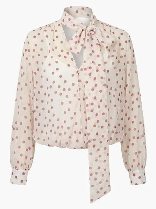 MODENAIRE Summer Polka Dot Tie Neck Long Sleeve Blouse