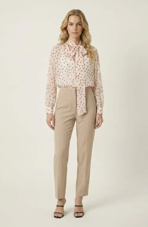 MODENAIRE Summer Polka Dot Tie Neck Long Sleeve Blouse