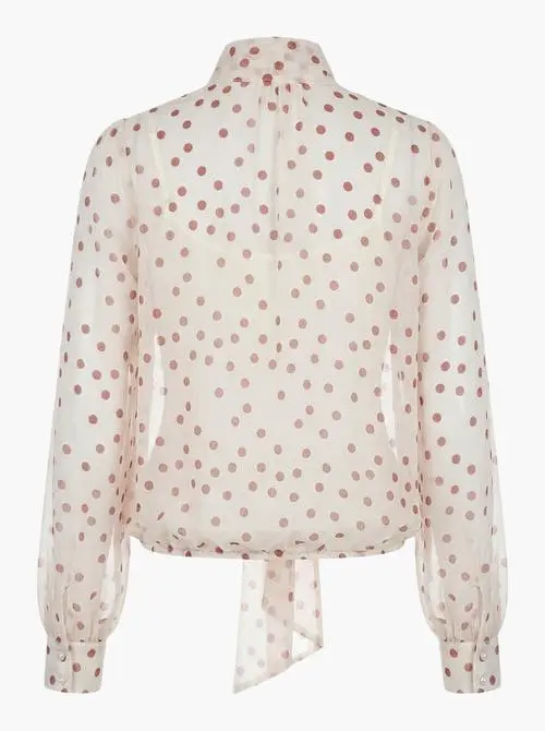 MODENAIRE Summer Polka Dot Tie Neck Long Sleeve Blouse