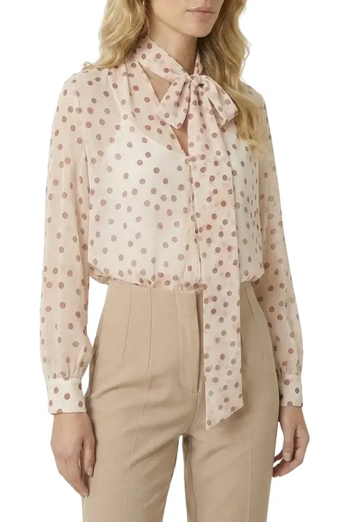 MODENAIRE Polka Dot Tie Neck Long Sleeve Sheer Blouse - Red