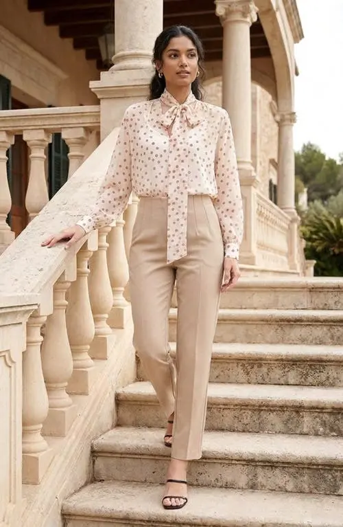 MODENAIRE Polka Dot Tie Neck Long Sleeve Sheer Blouse