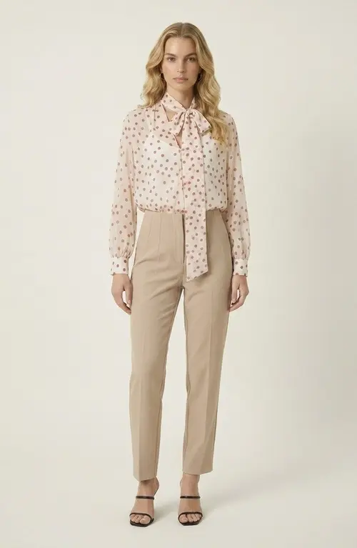 MODENAIRE Polka Dot Tie Neck Long Sleeve Sheer Blouse - Red