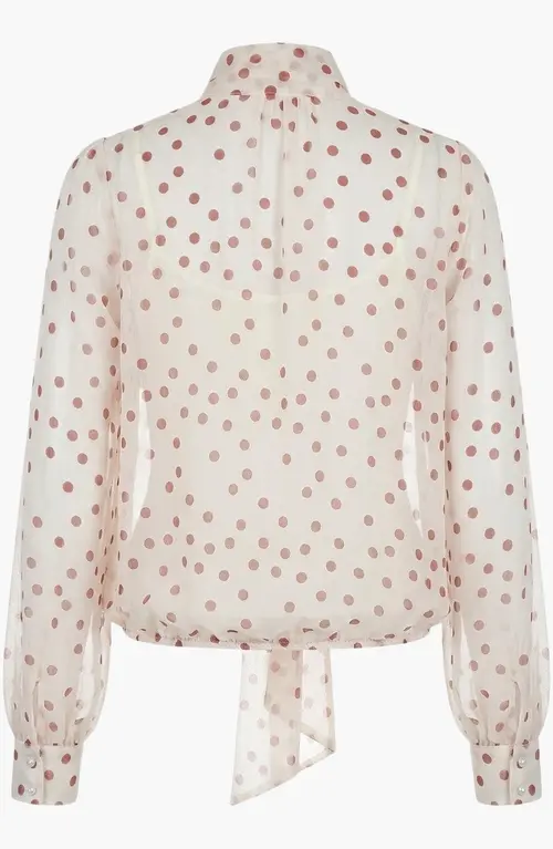 MODENAIRE Polka Dot Tie Neck Long Sleeve Sheer Blouse - Red