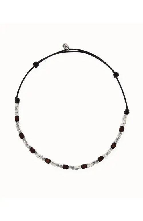 UNODE50 Leather Necklace With Sterling Plated Beads And Wood - Silver