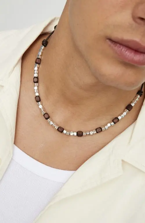 UNODE50 Leather Necklace With Sterling Plated Beads And Wood