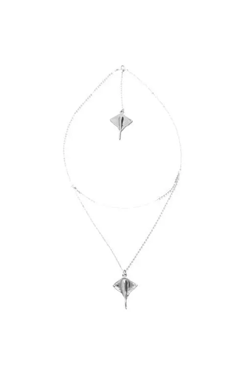 UNODE50 Sterling Plated Manta Ray Double Chain Pendant Necklace - Silver