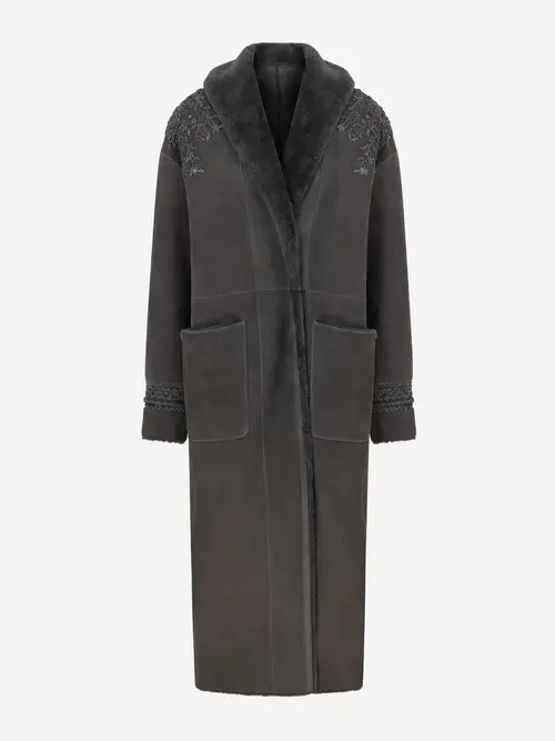 MINE BILGI Ilda Long Merino Curly Shearling Coat With Embroidery