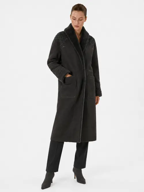 MINE BILGI Ilda Long Merino Curly Shearling Coat With Embroidery