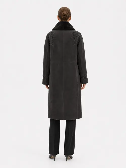 MINE BILGI Ilda Long Merino Curly Shearling Coat With Embroidery