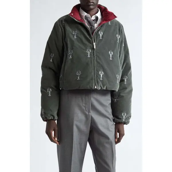 Thom Browne Cropped Lobster Stitch Corduroy Reversible Down Jacket - Medium Grey