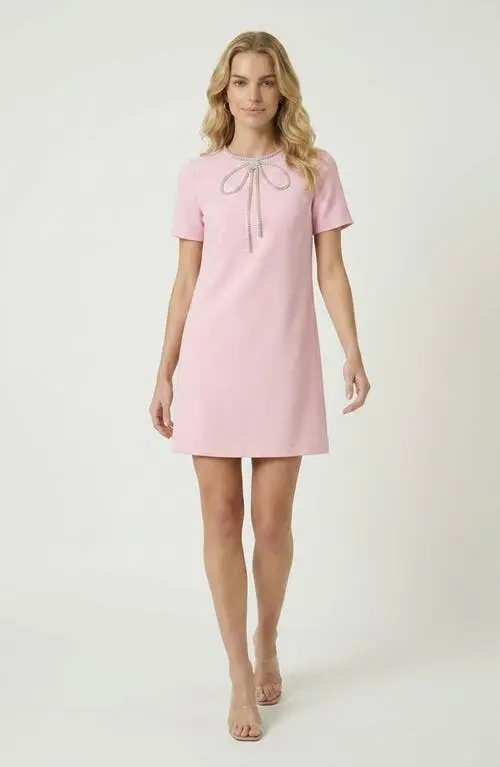 MODENAIRE Rhinestone Bow Detail Mini Dress - Pink