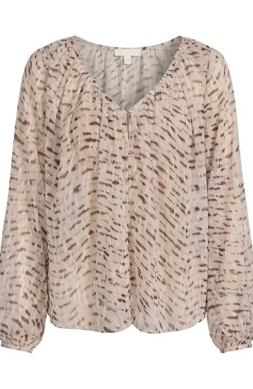 MODENAIRE V Neck Patterned Lightweight Long Sleeve Blouse