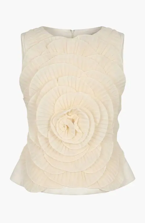 MODENAIRE Pleated Floral Applique Sleeveless Top - Beige