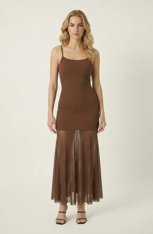 MODENAIRE Sheer Mesh Maxi Dress With Spaghetti Straps - Coffee
