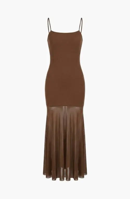 MODENAIRE Sheer Mesh Maxi Dress With Spaghetti Straps - Coffee