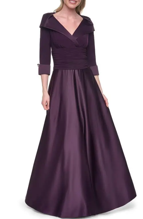 JESSICA HOWARD Portrait Collar Mixed Media Ballgown - Eggplant