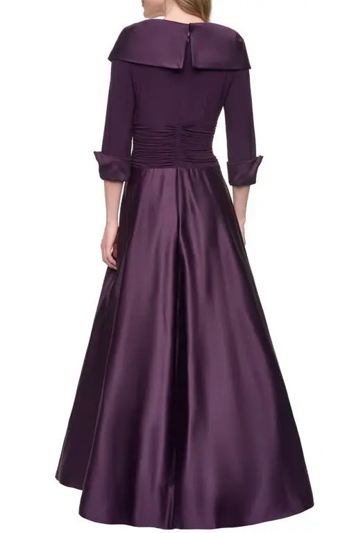 JESSICA HOWARD Portrait Collar Mixed Media Ballgown - Eggplant