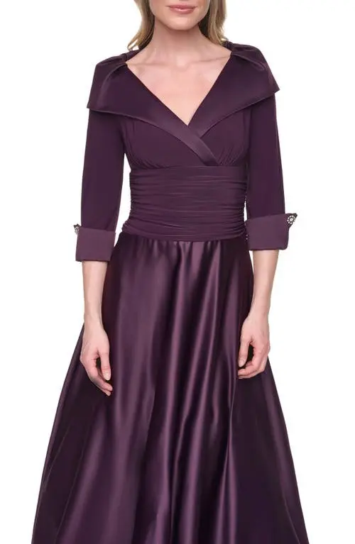 JESSICA HOWARD Portrait Collar Mixed Media Ballgown - Eggplant