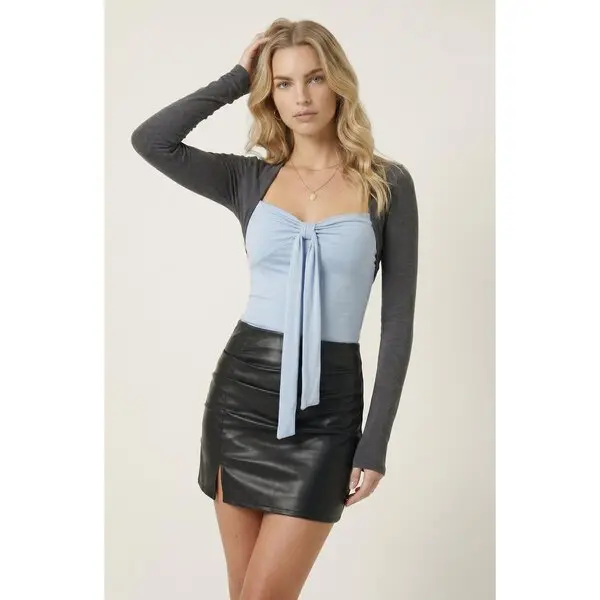 MODENAIRE Long Sleeve Ruched Tie Front Top