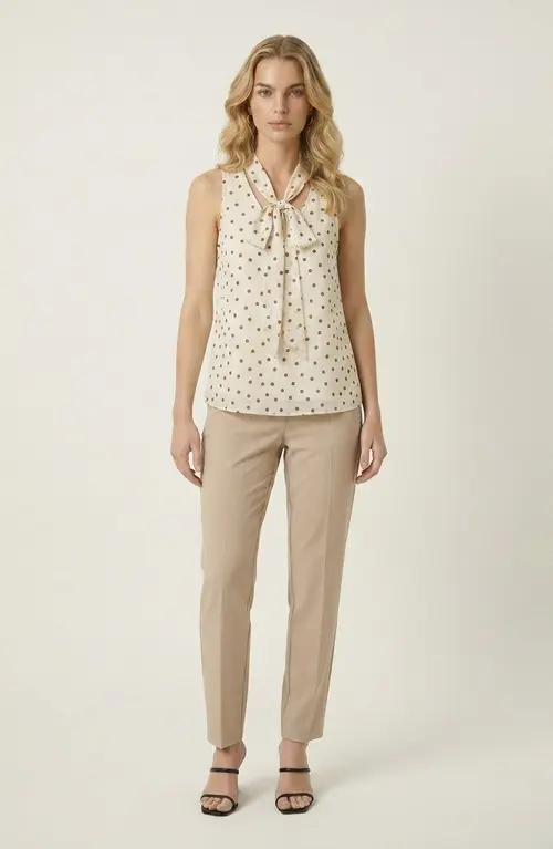 MODENAIRE Sleeveless Tie Neck Polka Dot Blouse