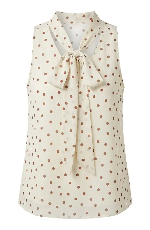 MODENAIRE Sleeveless Tie Neck Polka Dot Blouse