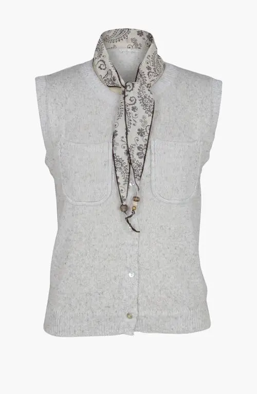 MODENAIRE Soft Knit Sleeveless Cardigan Vest With Scarf - Gray
