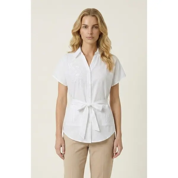 MODENAIRE Short Sleeve Button-down Waist Tie Top