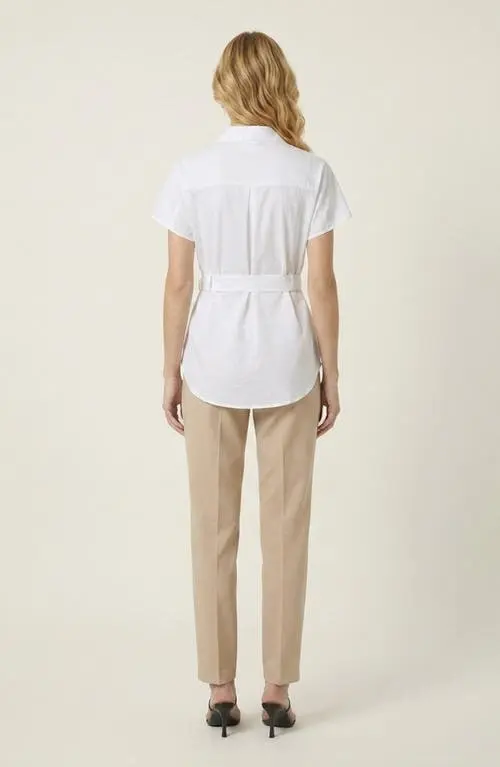 MODENAIRE Short Sleeve Button-down Waist Tie Top