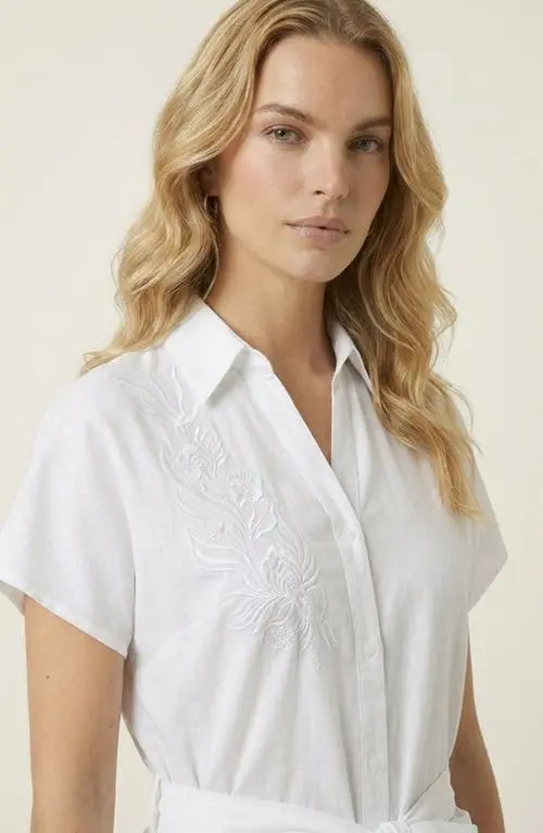 MODENAIRE Short Sleeve Button-down Waist Tie Top
