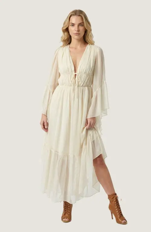 MODENAIRE Plunging Neck Tie Waist Ruffle Sleeve Maxi Dress