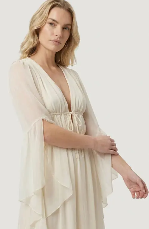 MODENAIRE Plunging Neck Tie Waist Ruffle Sleeve Maxi Dress