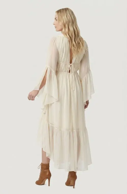 MODENAIRE Plunging Neck Tie Waist Ruffle Sleeve Maxi Dress
