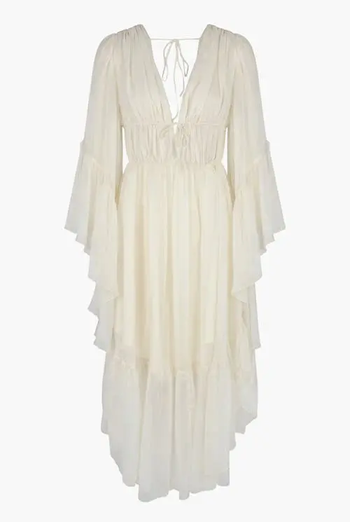 MODENAIRE Plunging Neck Tie Waist Ruffle Sleeve Maxi Dress