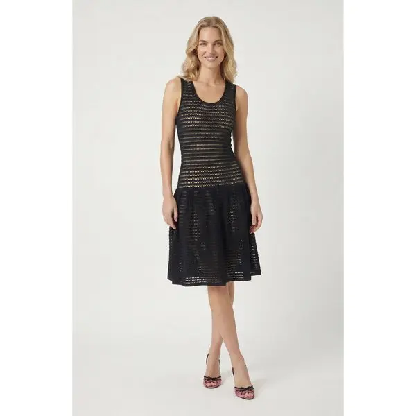 MODENAIRE Sleeveless Knit Dress With Eyelet Pattern And Flared Hem - Black