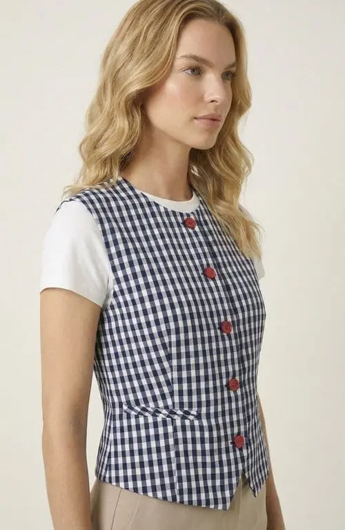 MODENAIRE Sleeveless Gingham Button Front Top With Waist Tie