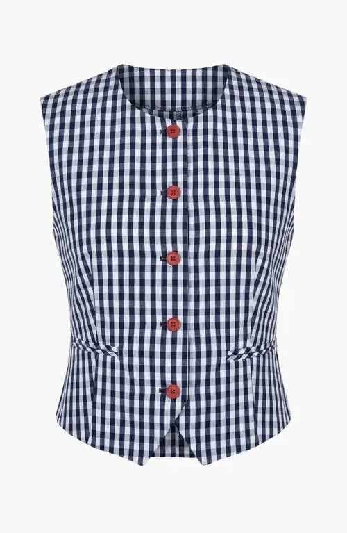 MODENAIRE Sleeveless Gingham Button Front Top With Waist Tie
