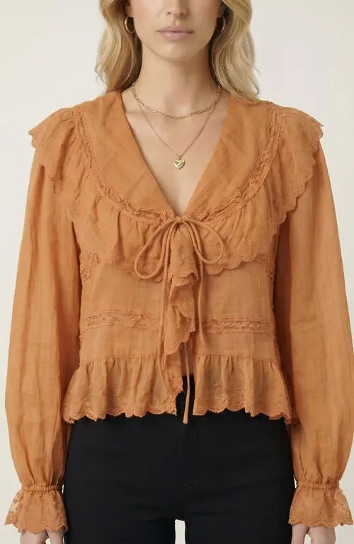 MODENAIRE Ruffled Lace Trim Lightweight Tie Front Blouse - Orange