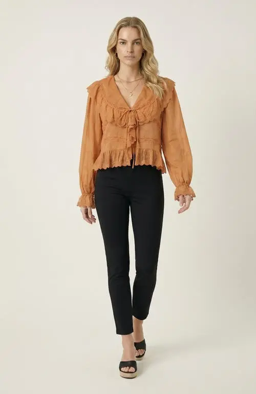 MODENAIRE Ruffled Lace Trim Lightweight Tie Front Blouse - Orange